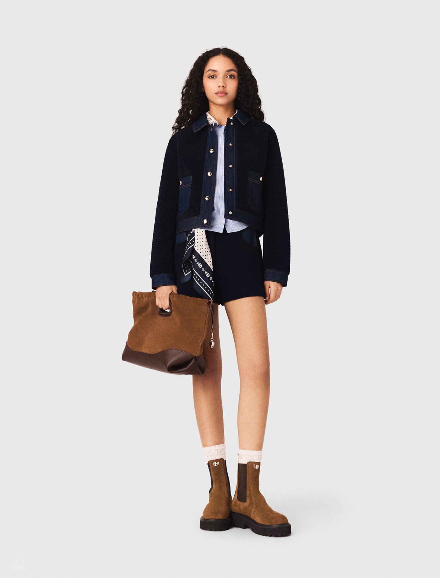 Bouclé and denim-detail jacket Navy for Women | Maje